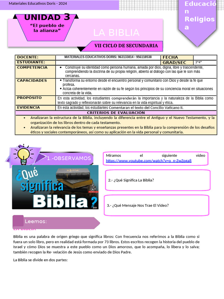 Ficha de Actividad Sem 3 Religion Vii | PDF | Biblia | Dios