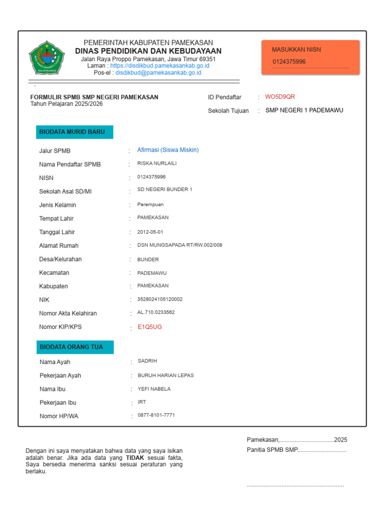Formulir SPMB Jalur Afirmasi | PDF