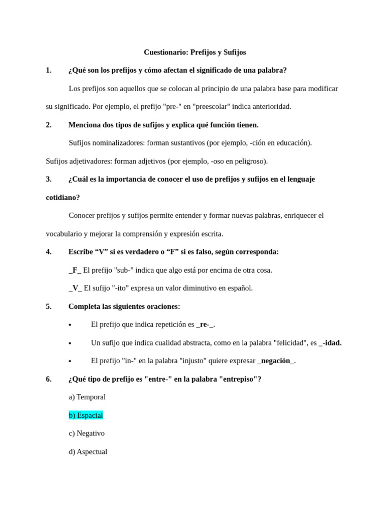 Cuestionario sobre Prefijos y Sufijos | PDF