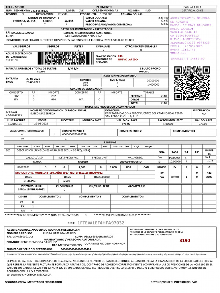 Pedimento - 1FTEW1EF4HFA97032-1 | PDF