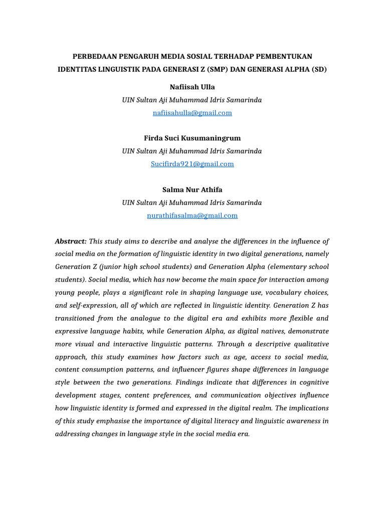 Perbedaan Pengaruh Media Sosial Terhadap Pembentukan Identitas Linguistik Pada Generasi Z (SMP ...