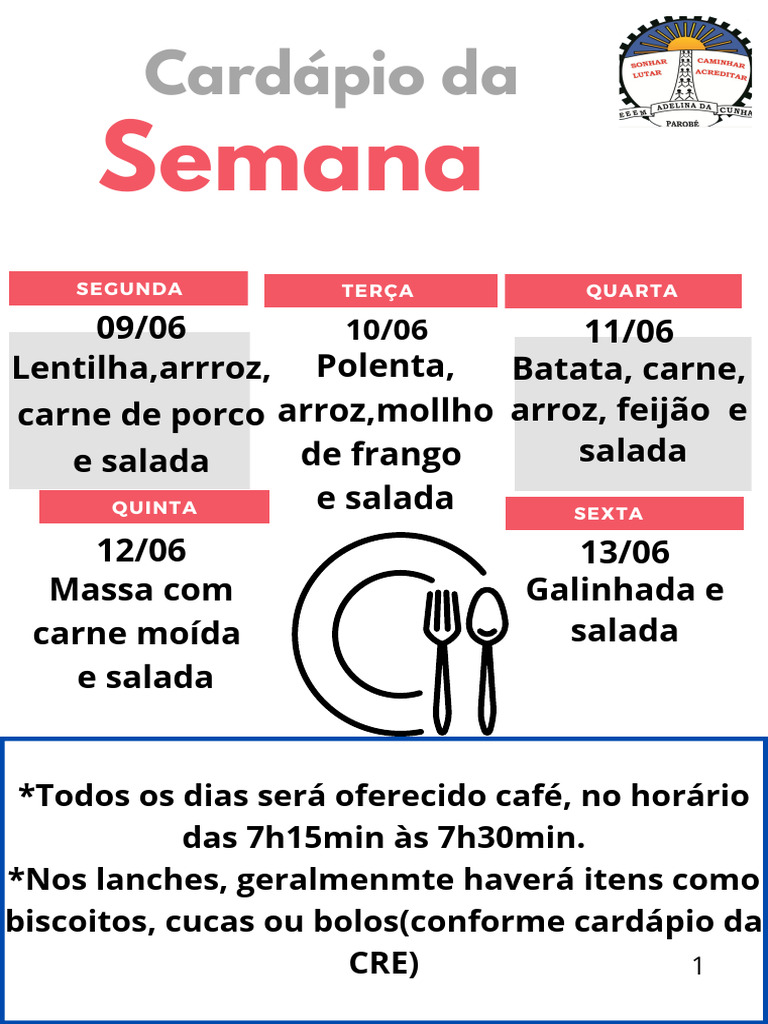 Cardápio Da Semana - Junho | PDF