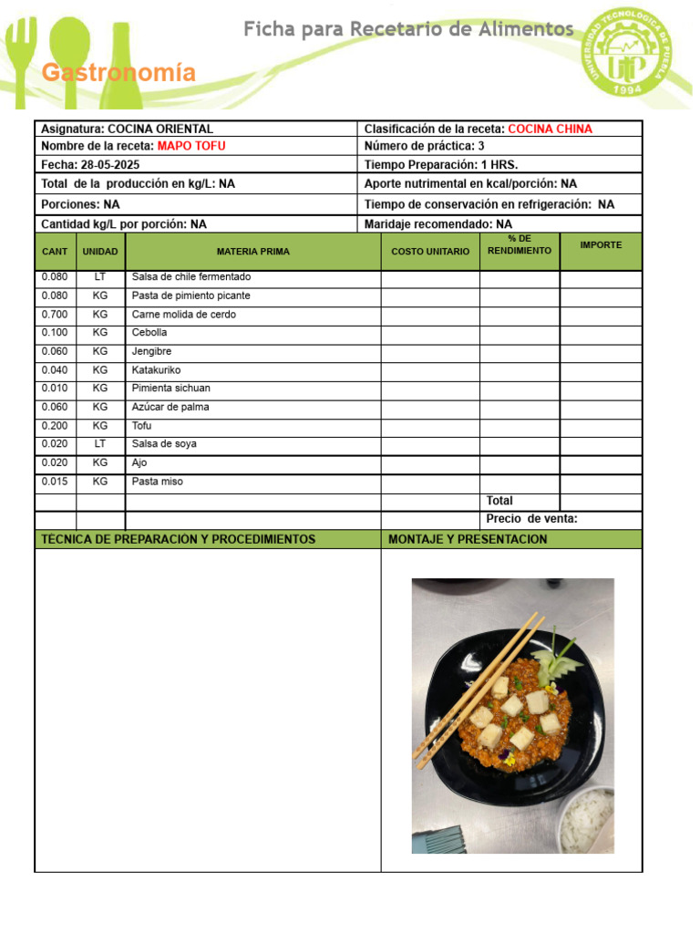Practica 3 China Mapo Tofu | PDF | Alimentos | Cocina