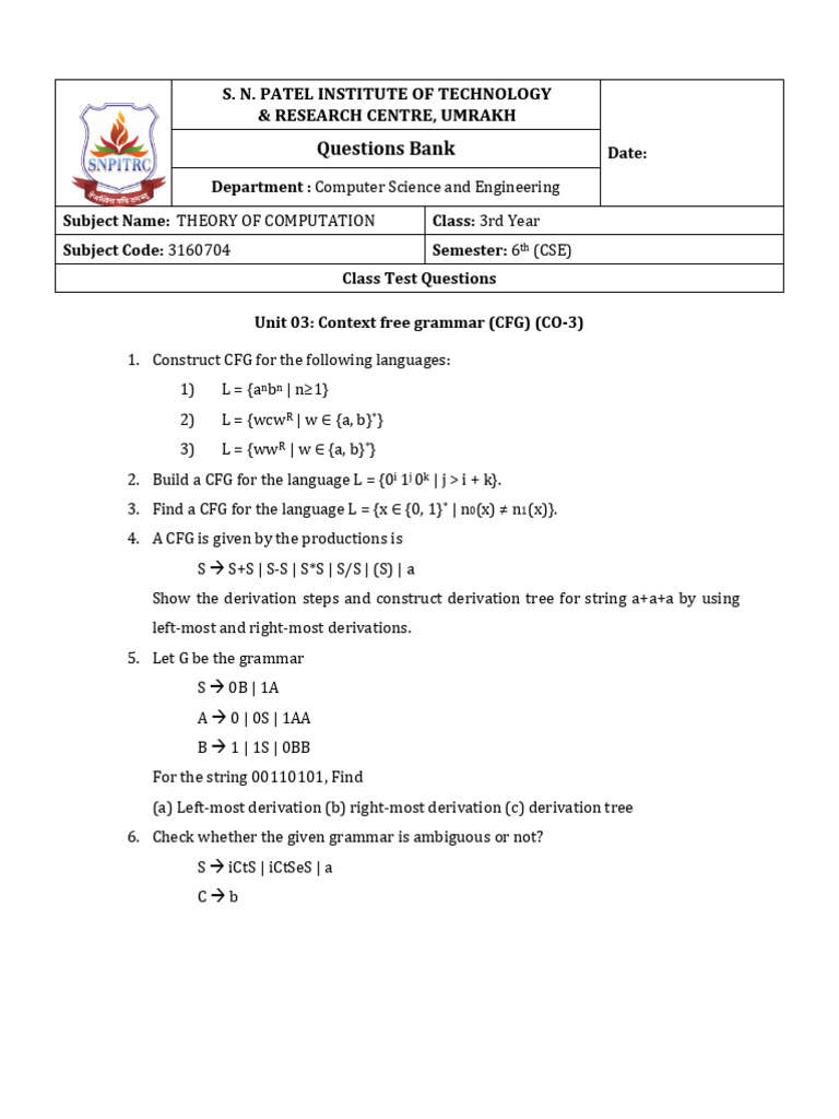 Theory of Computation Test Questions | PDF | Theoretical Computer ...
