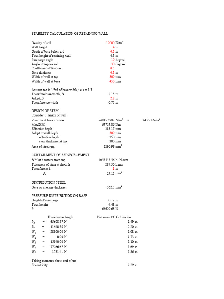 Retaining Wall Stability Calculation Guide | PDF | Civil Engineering ...