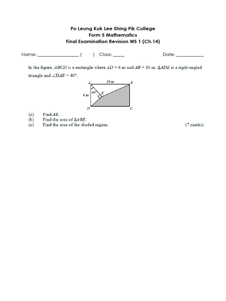 Final Examination Revision WS 1 (Ch.14) | PDF