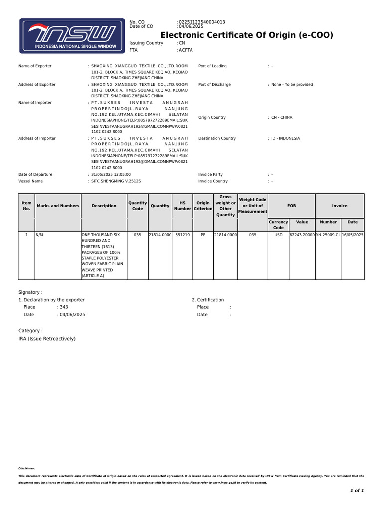 Electronic Certificate of Origin (e-COO) : No. CO: 02251123540004013 ...