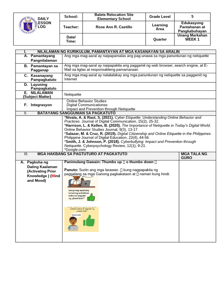 Epp 5 Week 1 Day 1 | PDF