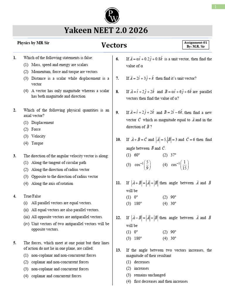 Vectors: Assignment 01 - Physics by MR Sir | PDF | Velocity | Euclidean ...