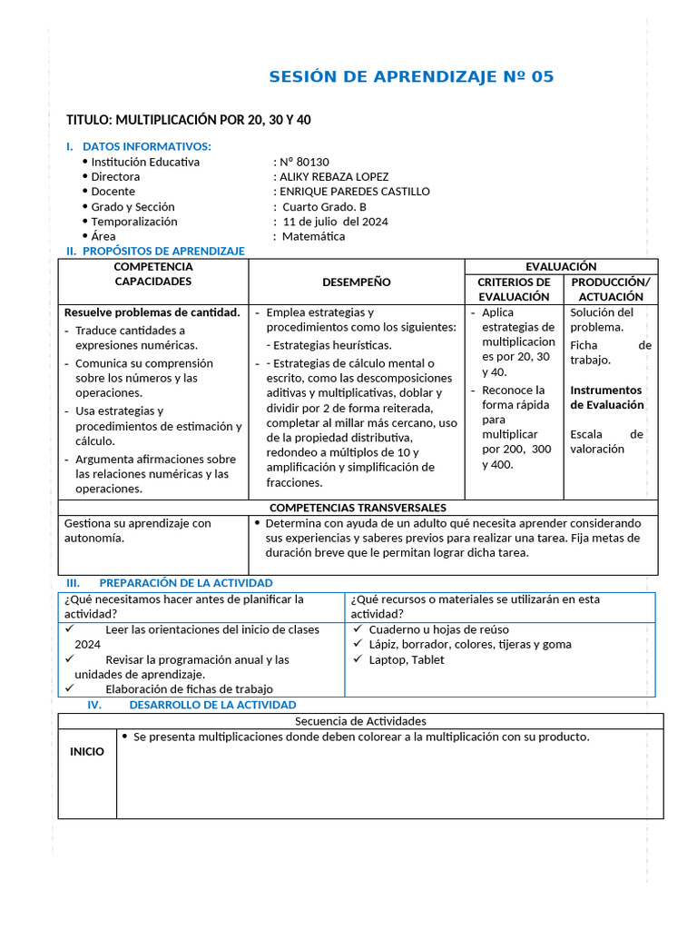 Sesion de Aprendizaje #05 - Multiplicación Por 20, 30 y 40 | PDF | Aprendizaje | Multiplicación