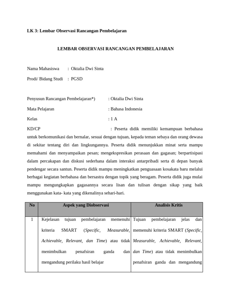 LK 3 Lembar Observasi Rancangan Dan Perangkat Pembelajaran Siklus 1 | PDF