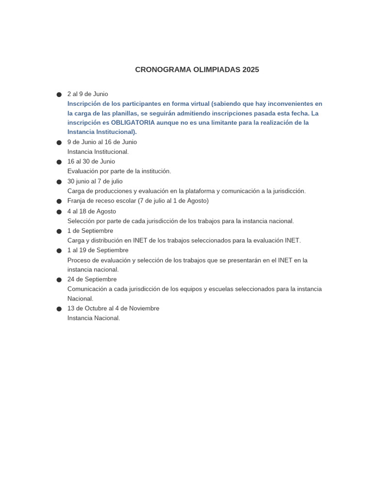 Cronograma Olimpiadas 2025 | PDF