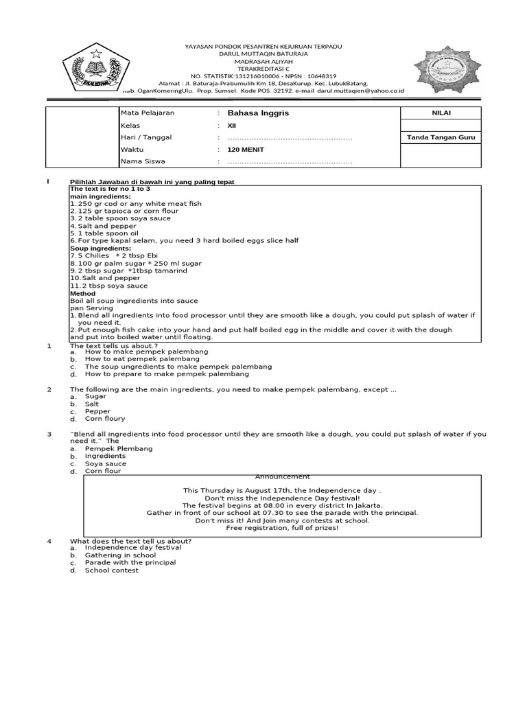 Bahasa Inggris Kelas 12 TA 24 - 25 | PDF | Mosque | Foods