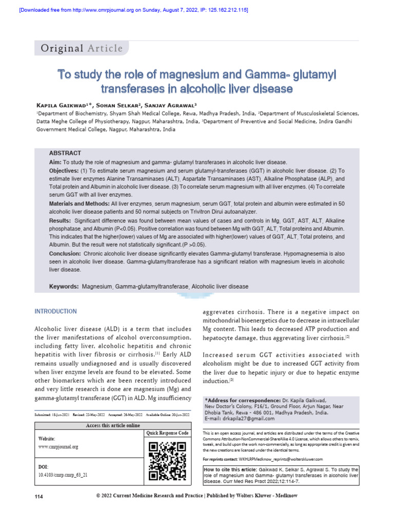 To Study The Role of Magnesium and Gamma-Glutamyl Transferases in ...