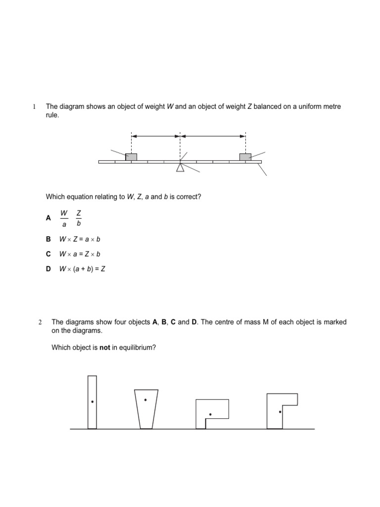 Moments & Centre of Mass (Multiple Choice) QP (1) - Combined | PDF | Force | Weighing Scale