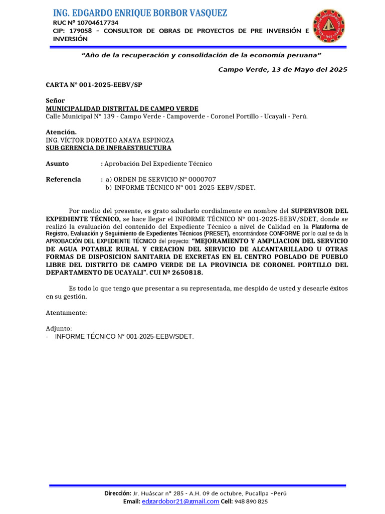 Inform de Aprobacion Supervisor Borbor | PDF | Saneamiento | Agua dulce