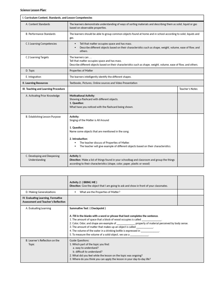 Properties of Matter Lesson Plan | PDF | Learning | Cognition