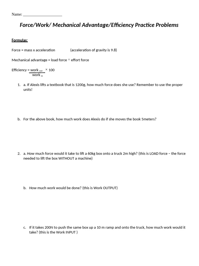 Mechanical Advantage & Efficiency Worksheet | PDF