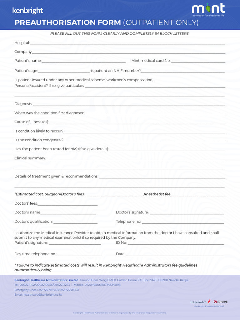 Kenbright Preauthorization Form A4 | PDF | Patient | Physician