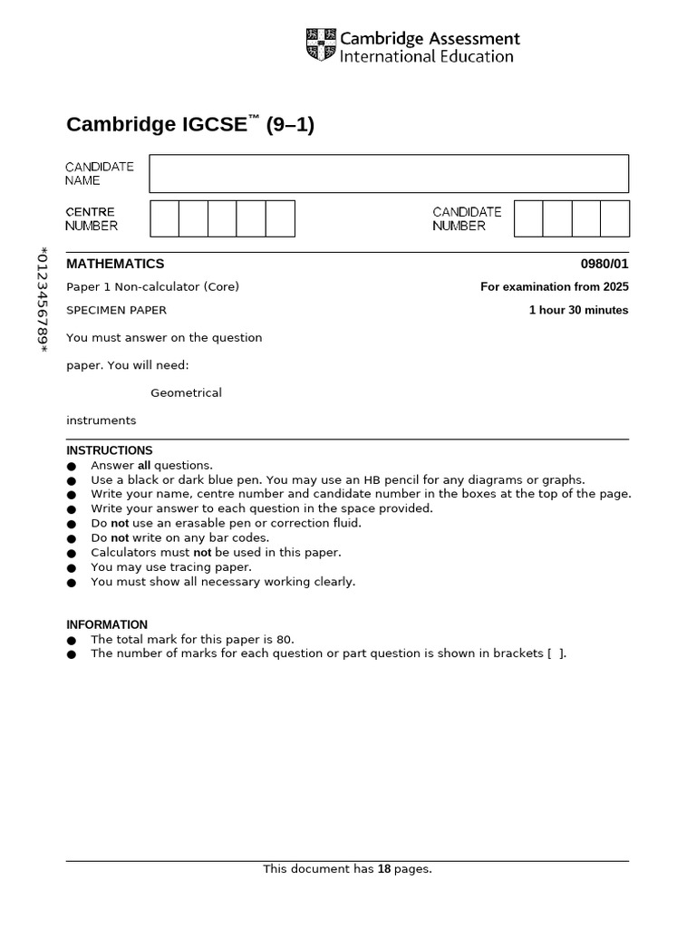 Cambridge Igcse 9 1 Mathematics 0980 Paper 1 Non Calculator Pdf