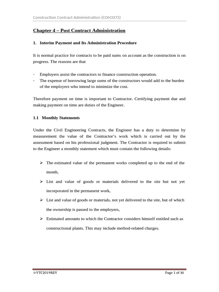 Chapter 4 - REV (FINAL) Post Contract Administration - AY1920 | PDF ...