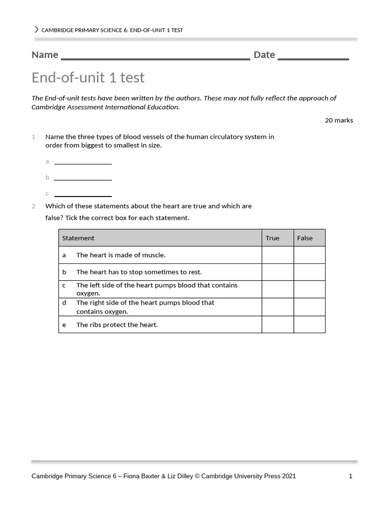 End-of-Unit 1 Test for Science 6 | PDF | Heart | Blood