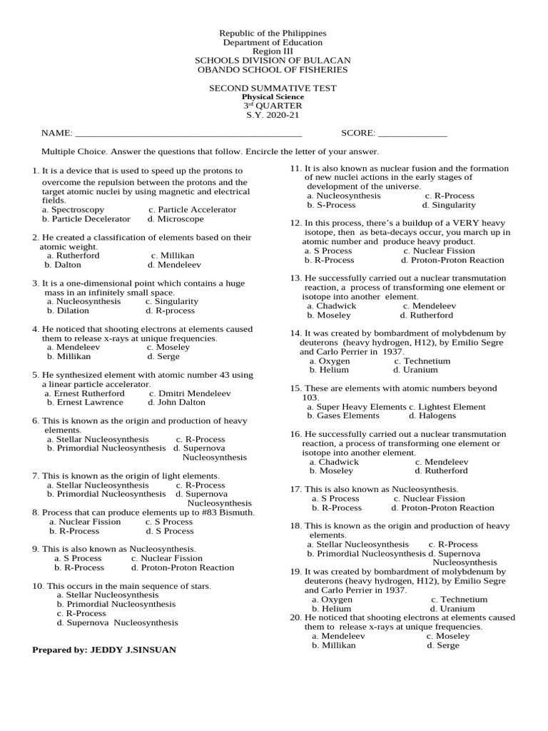 3rd QUARTER 2ND SUMMATIVE TEST PHYSICAL SCIENCE. | PDF | Chemical ...