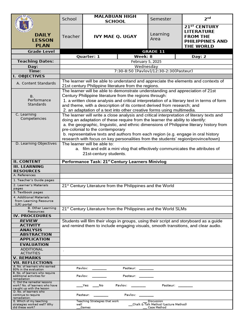 DLP - February 5, 2025 - Performance Task - Minivlog | PDF | Learning | Differentiated Instruction