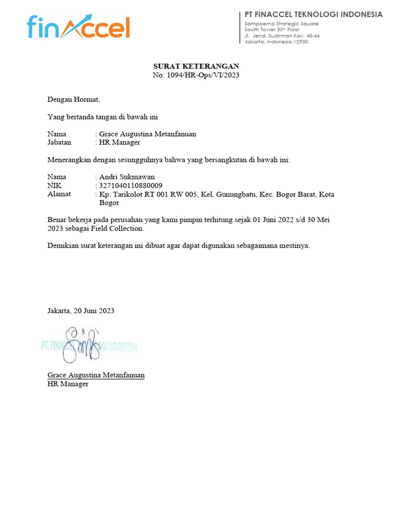 Paklaring FTI Andri Sukmawan | PDF