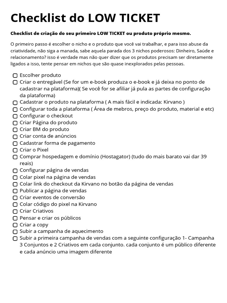 Checklist para Criar Produto Low Ticket | PDF