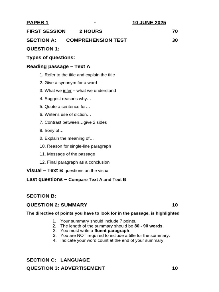 Grade 12 English Paper 1 Scope | PDF | Question | Word