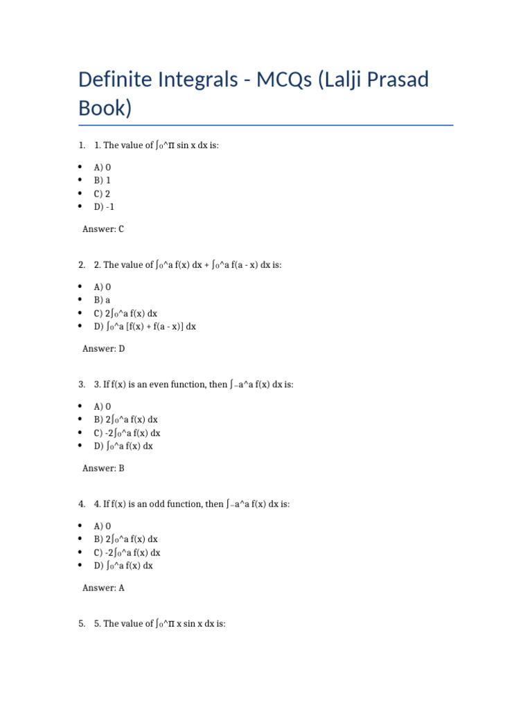 Definite Integrals MCQs for 2nd Year Maths | PDF