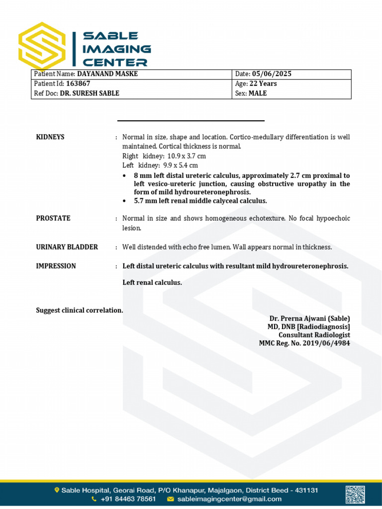 KUB Ultrasound Report: Kidney Calculi Findings | PDF