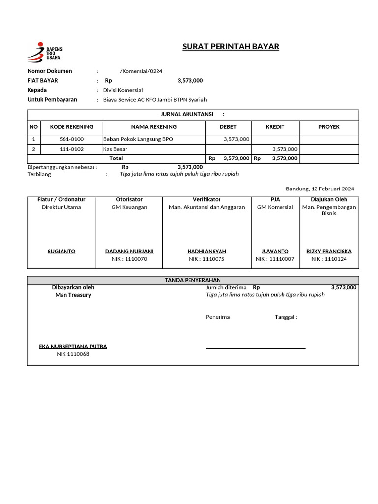 SPB Biaya Service AC KFO Jambi | PDF