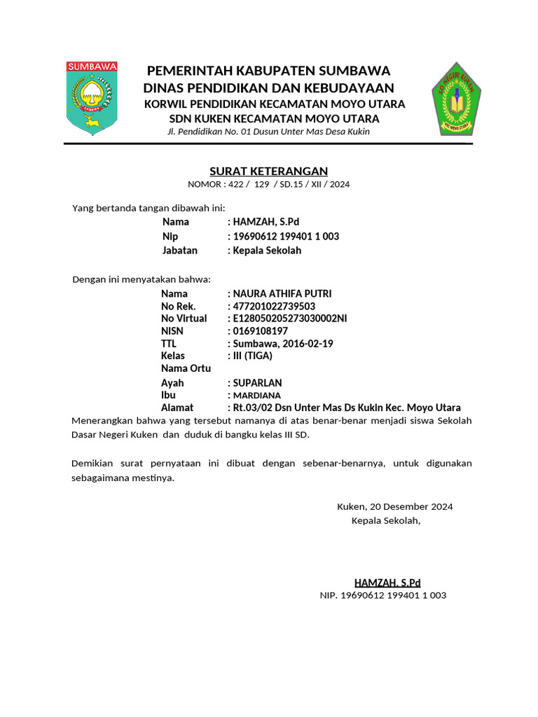 Surat Keterangan Pip Naura Athifa Putri | PDF