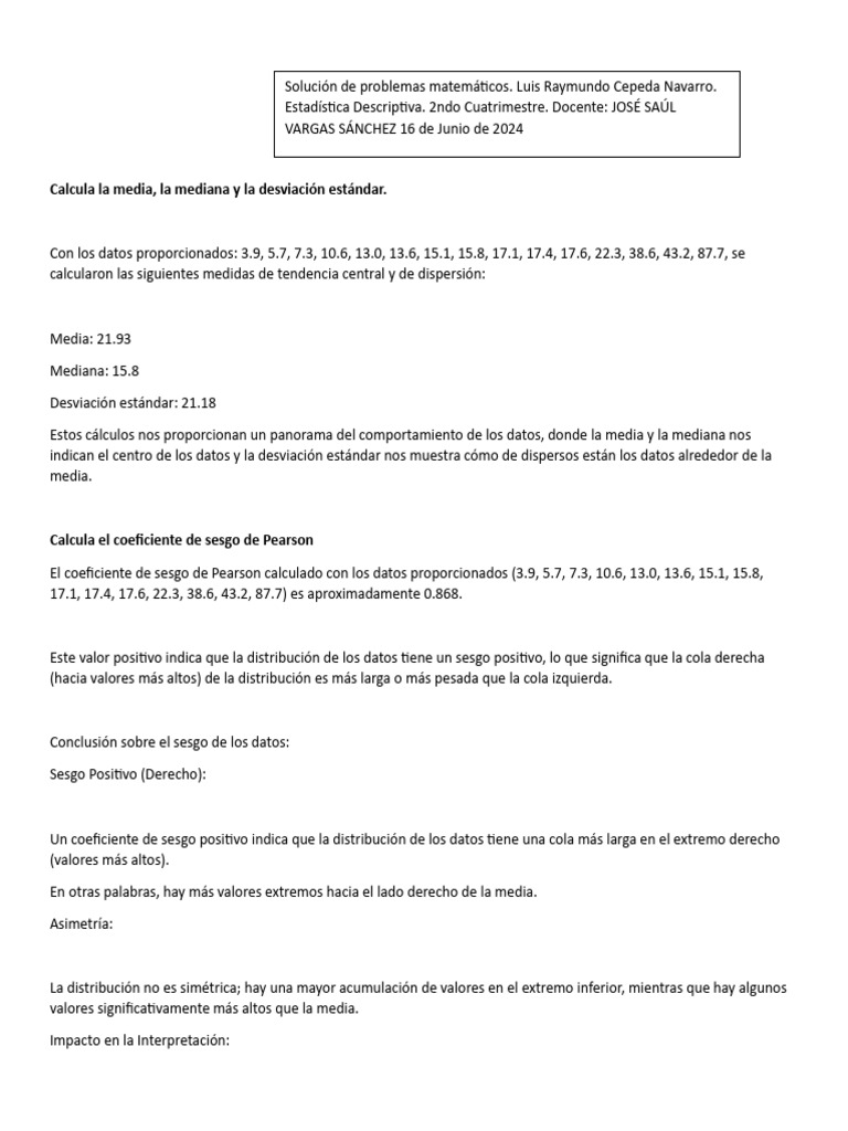 Luis Cepeda SolucionDeProblemas3 | PDF | Mediana | Desviación Estándar
