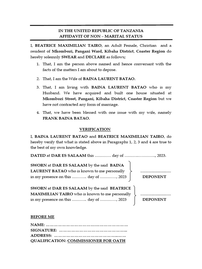 Affidavit of Non - Marital Status - Baina | PDF