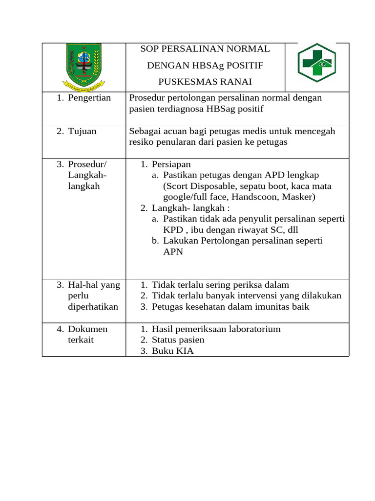 Sop Persalinan Normal Dengan Hbsag Positif | PDF