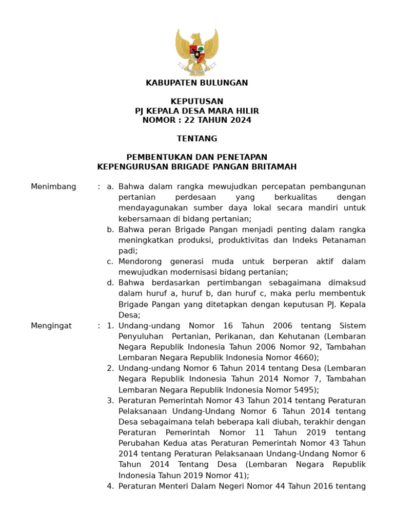 Draft Skb Pembentukan Dan Penetapan Kepengurusan Brigade Pangan Britamah Dmh | PDF