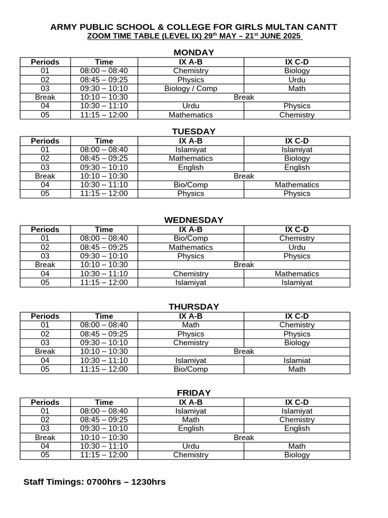 Zoom Time Table May 2025 Updated | PDF | Mathematics | Natural Sciences
