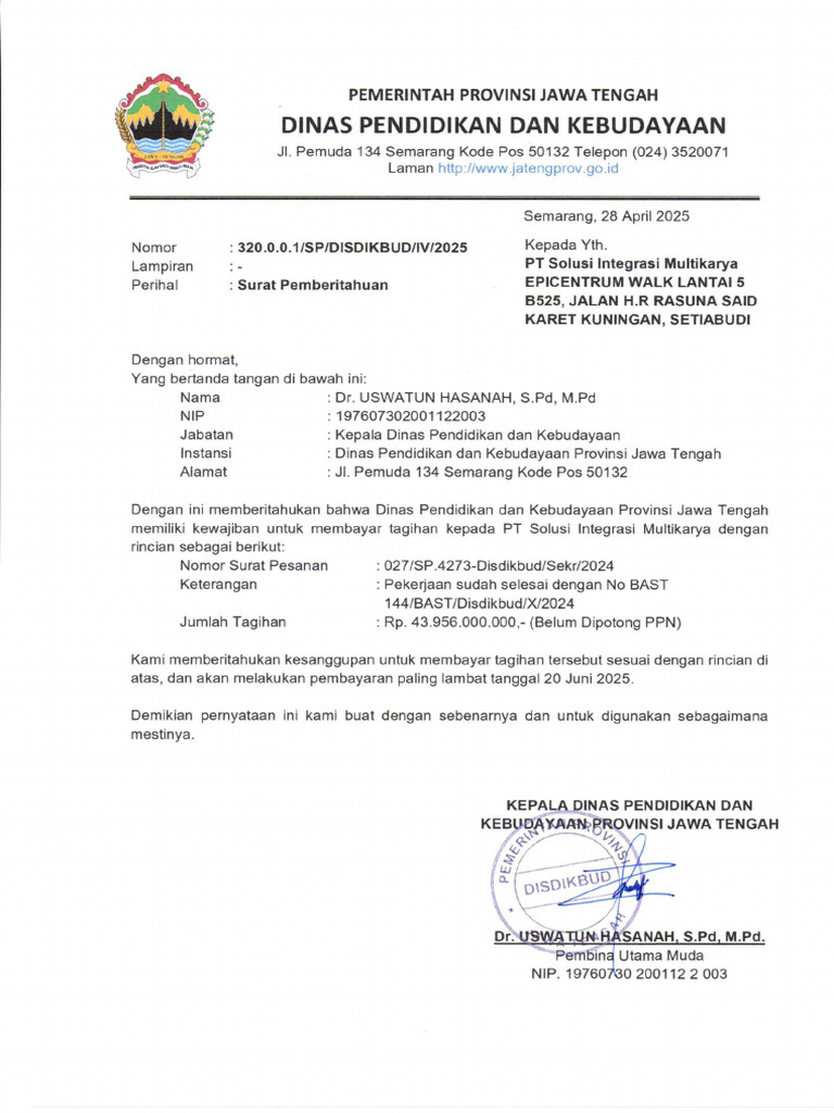 Surat Pemberitahuan PT Solusi Integrasi Multikarya | PDF