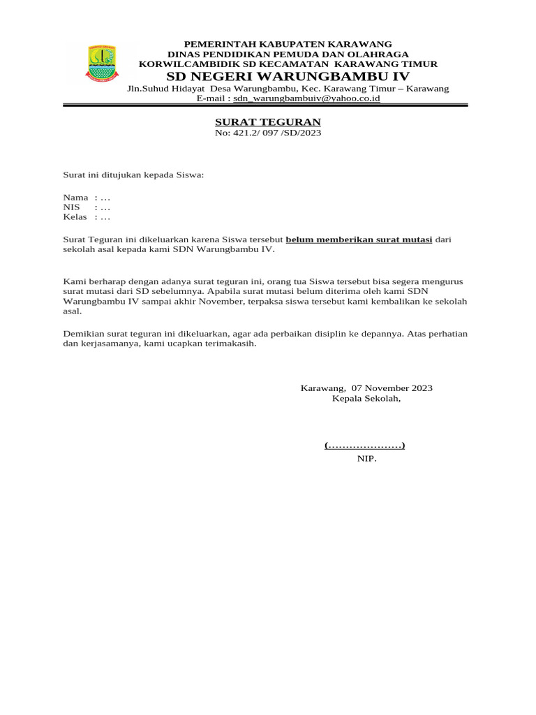 Surat Teguran Siswa SDN Warungbambu IV | PDF