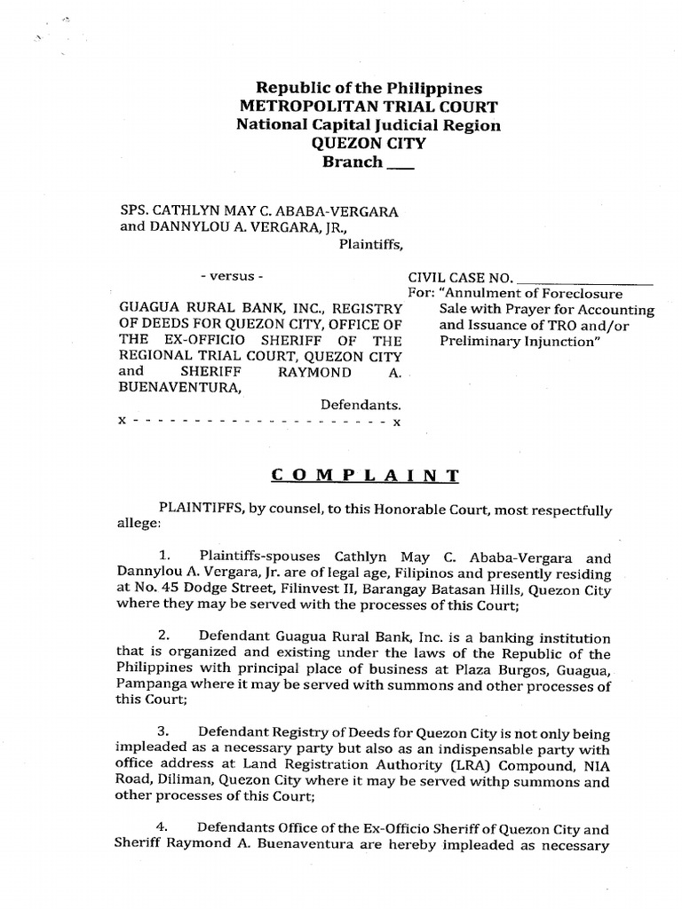 Complaint For Annulment of Foreclosure Sale | PDF