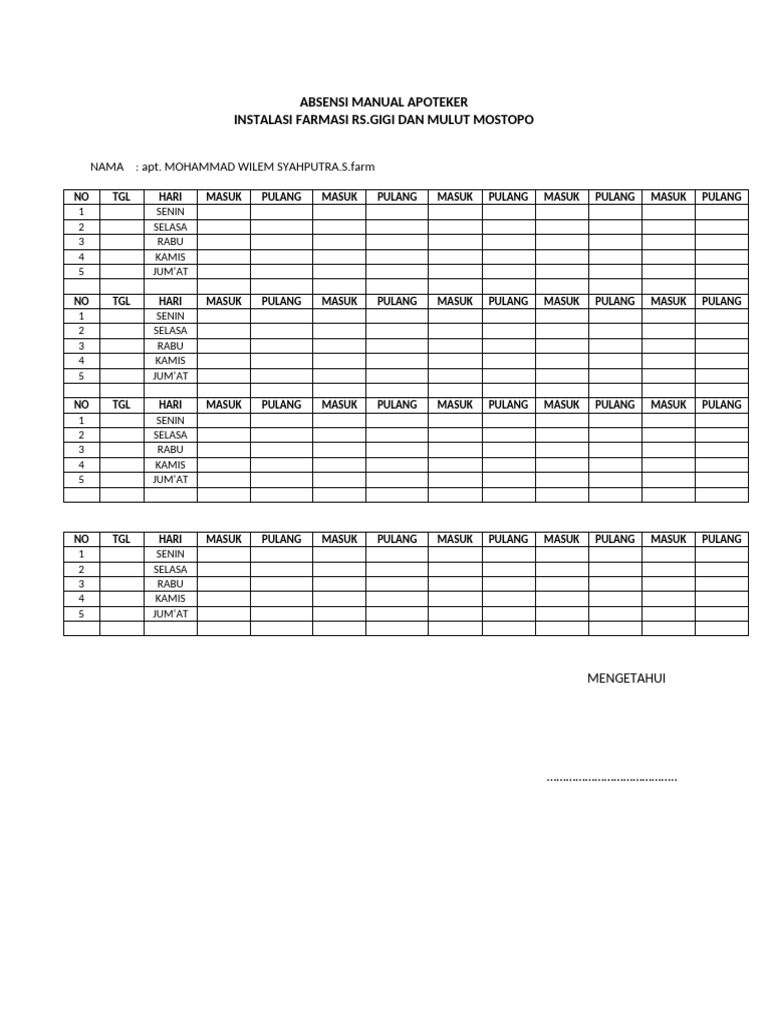 Absensi Manual Apoteker | PDF