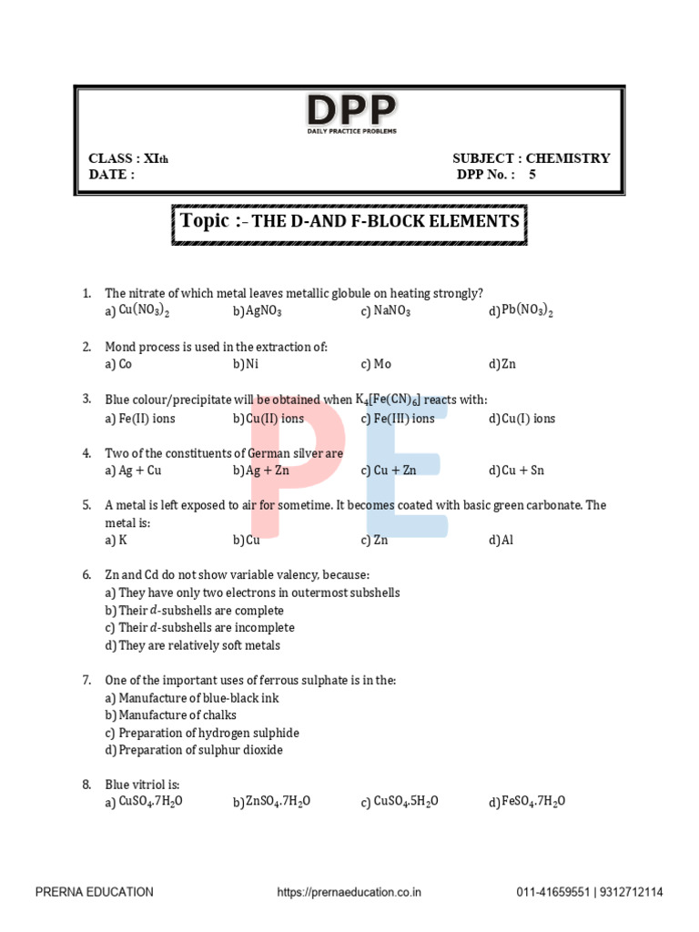 D F Block Elements DPP 5 | PDF | Silver | Zinc