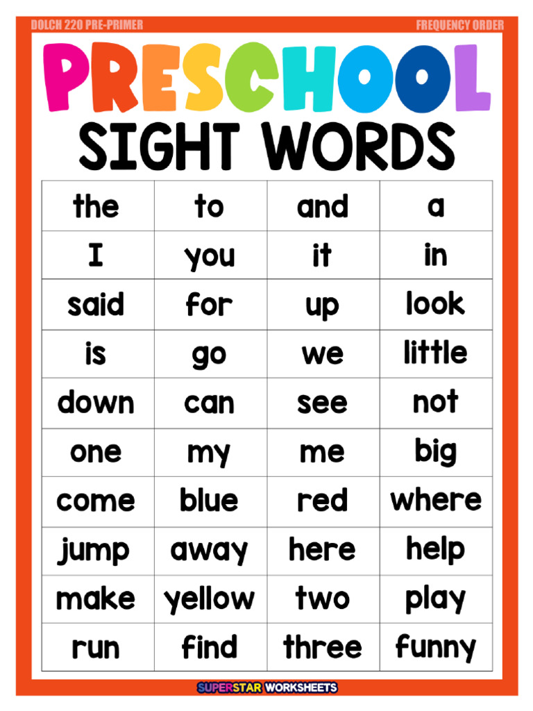 Preschool Sight Word Chart Frequency Order | PDF