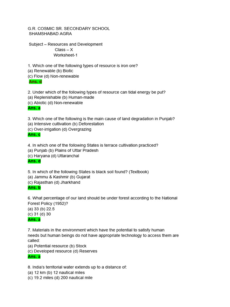 Geography Worksheet For Practising and Useful For Class 10th | PDF ...