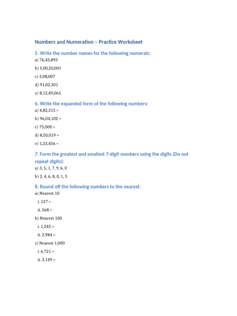 Numbers and Numeration Practice Worksheet | PDF