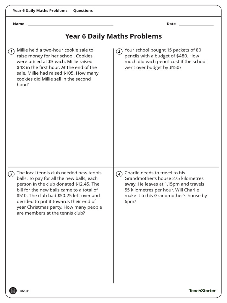 Daily Maths Word Problems Year6 Worksheets | PDF