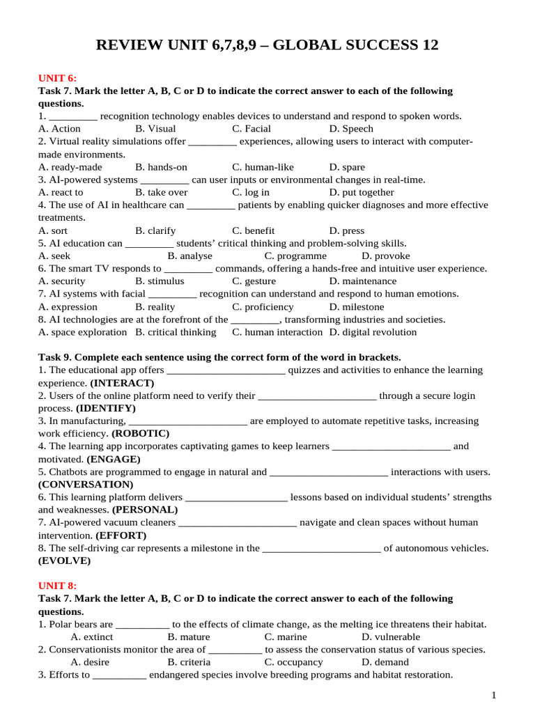 Review Unit 6789 - Global Success 12 | PDF | Conservation Biology ...